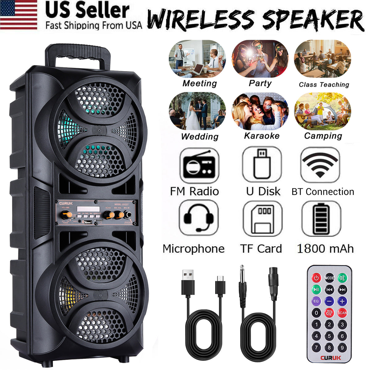 CURUK 3000W Wireless Bluetooth Speaker Outdoor Party Sound System Heav ...